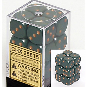 Chessex Dice d6 Sets: Opaque Dusty Green with Copper - 16mm Six Sided Die (12) Block of Dice