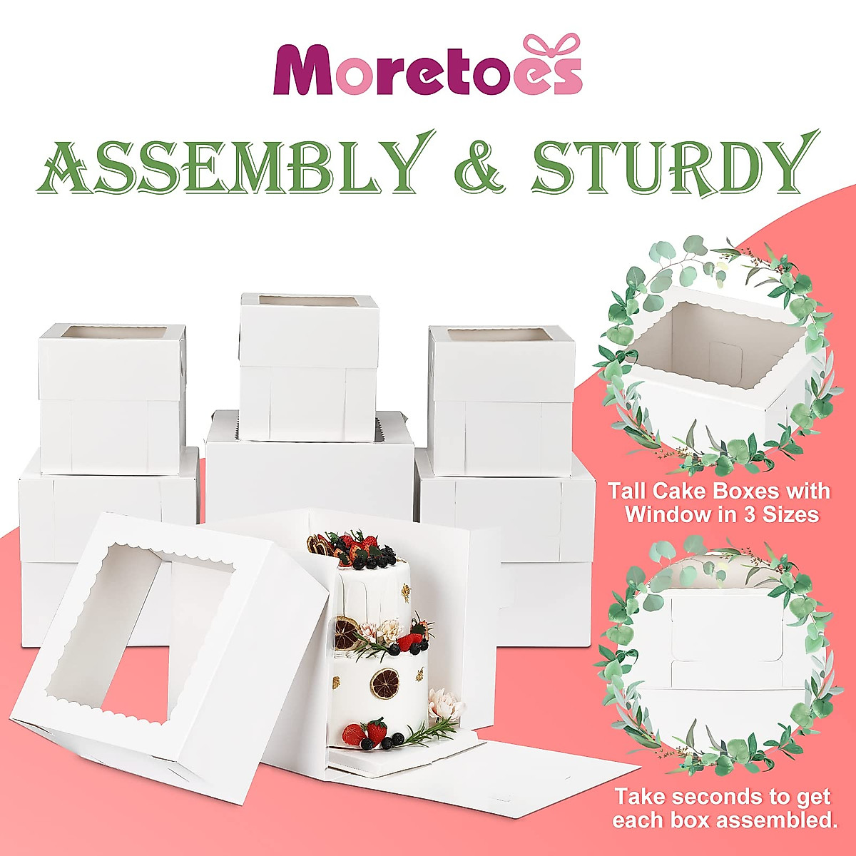 Moretoes 12 Pcs Cake Box, Tall Cake Boxes with Window in 3 Sizes 12x12x12 10x10x10 8x8x8 Inches, Bakery Boxes Disposable Carrier Take Out Container, 2 or 3 Tier for Valentine's Day Mother's Day