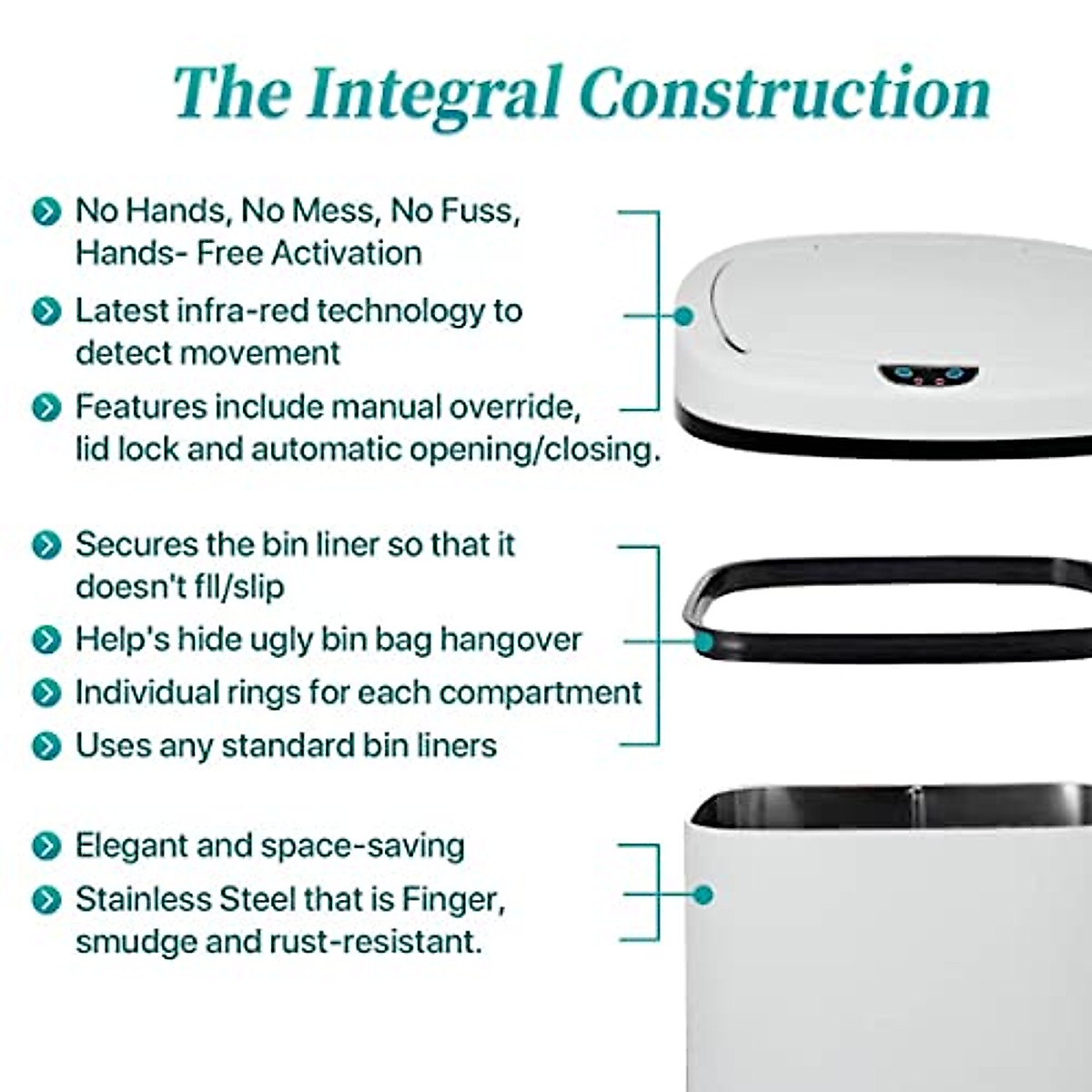 NiamVelo 13 Gallon Kitchen Trash Can Bathroom Trash Can Automatic Sensor Stainless Steel Trash Can Garbage Can with Lid by 4xC Batteries for Kitchen, Bathroom,Rest Room,Office, White