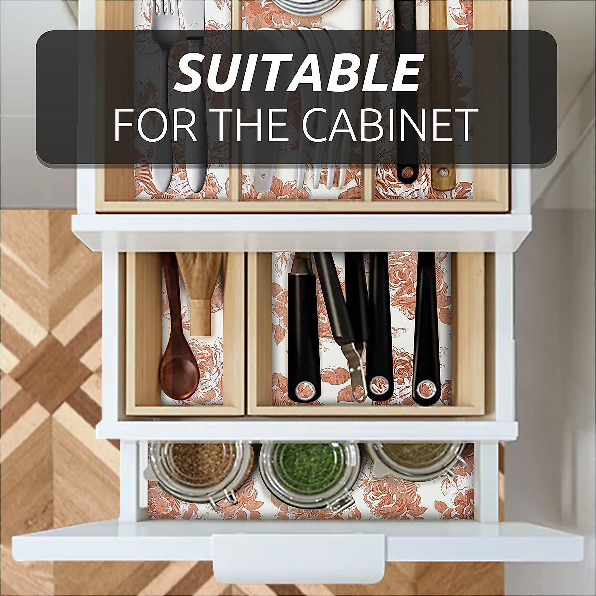 FIFTY FEET 12X120 Inch Shelf Liner for Kitchen Cabinets, PVC Drawer Liner for Dresser Non-Slip Bathroom, Non-Adhesive Cabinet Liner Washable (Red Flower)(1 Roll)