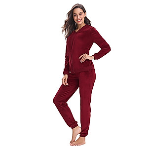 Cowasto Women's Velour Velvet Track Sets Two Pieces Full zip up Hoodied Coat Pants Outfit Suit TrackSuit, Wine Red, Medium