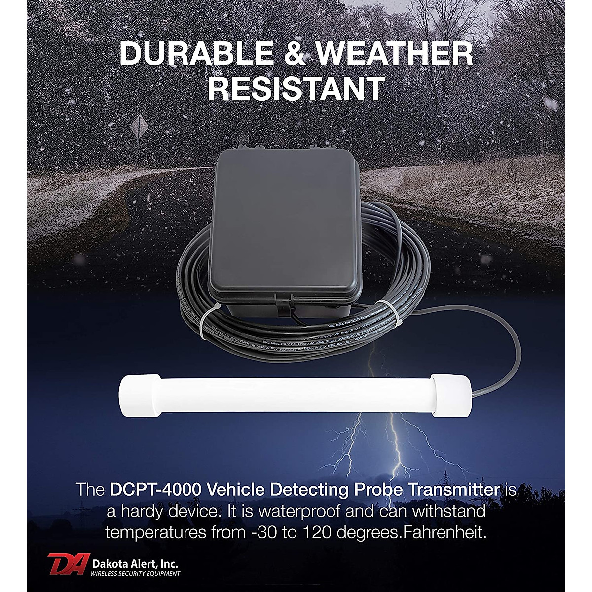Dakota Alert Driveway Alarm Sensor - DCPA-4k Plus Driveway Alarms Wireless Outside Weatherproof Alert System, 1-Mile-Long Range Sensors, Receiver & Vehicle Detecting Probe Transmitter & 50' Wire