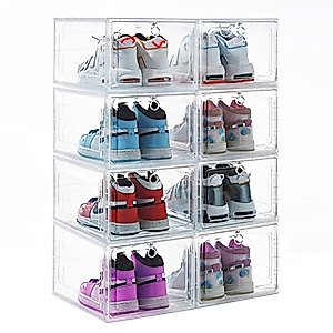 Avarmora Shoe Boxes Clear Plastic Stackable, 8 Pack Drop Front Shoe Box with Magnetic Acrylic Hard Door, XL Shoe Storage Boxes for Display Sneakers, Fit up to US Size 13 (13.6''x 10.6''x 7.7'')