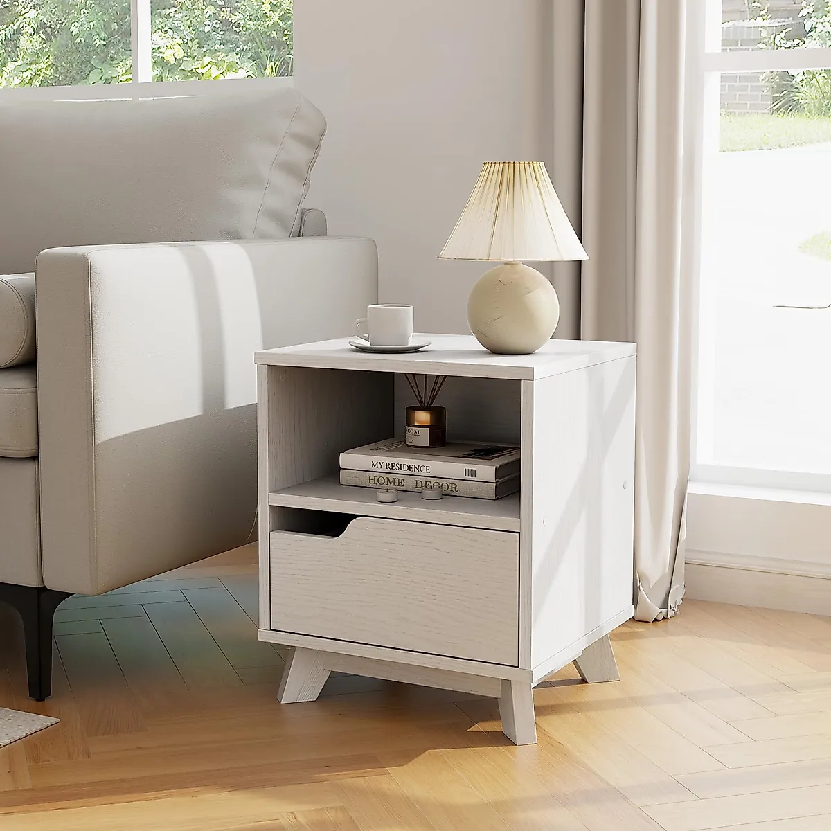 Giantex 2 Tier Nightstand, Mid Century Modern Bedside Table with Storage Drawer & Open Shelf, Wood Night Stand for Small Spaces, Minimalist Side End Table for Bedroom, Distressed White