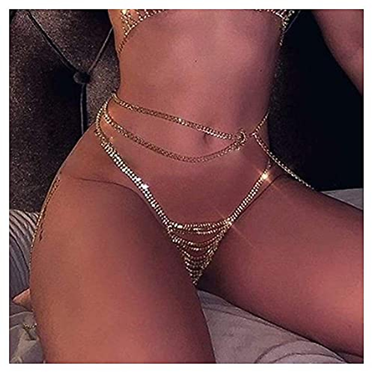 Sexy Rhinstone Underwear Thong Panties Crystal Body Chain Jewelry Bikini Crystal Belly Waist Body Chain For Women (Gold)