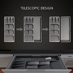 KAKUNM Flatware Drawer Organizer Expandable Adjustable Utensils Silverware Tray for Drawer, Spoon Knife and Fork Partition Storage,Large, Gray