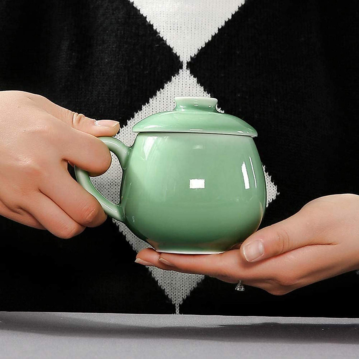 Amoysanli Ceramic Cup Coffee Cup Mug Water Mug, Porcelain Tea Cup Drinkware With Lid for Office and Home (Grey(Wire))