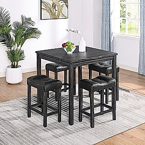 Bar Table and Chairs Set for 4,5 Piece Dining Table Set with PU Stool, Industrial Breakfast Table Set, for Living Room, Dining Room, Game Room,Small Space（Black）