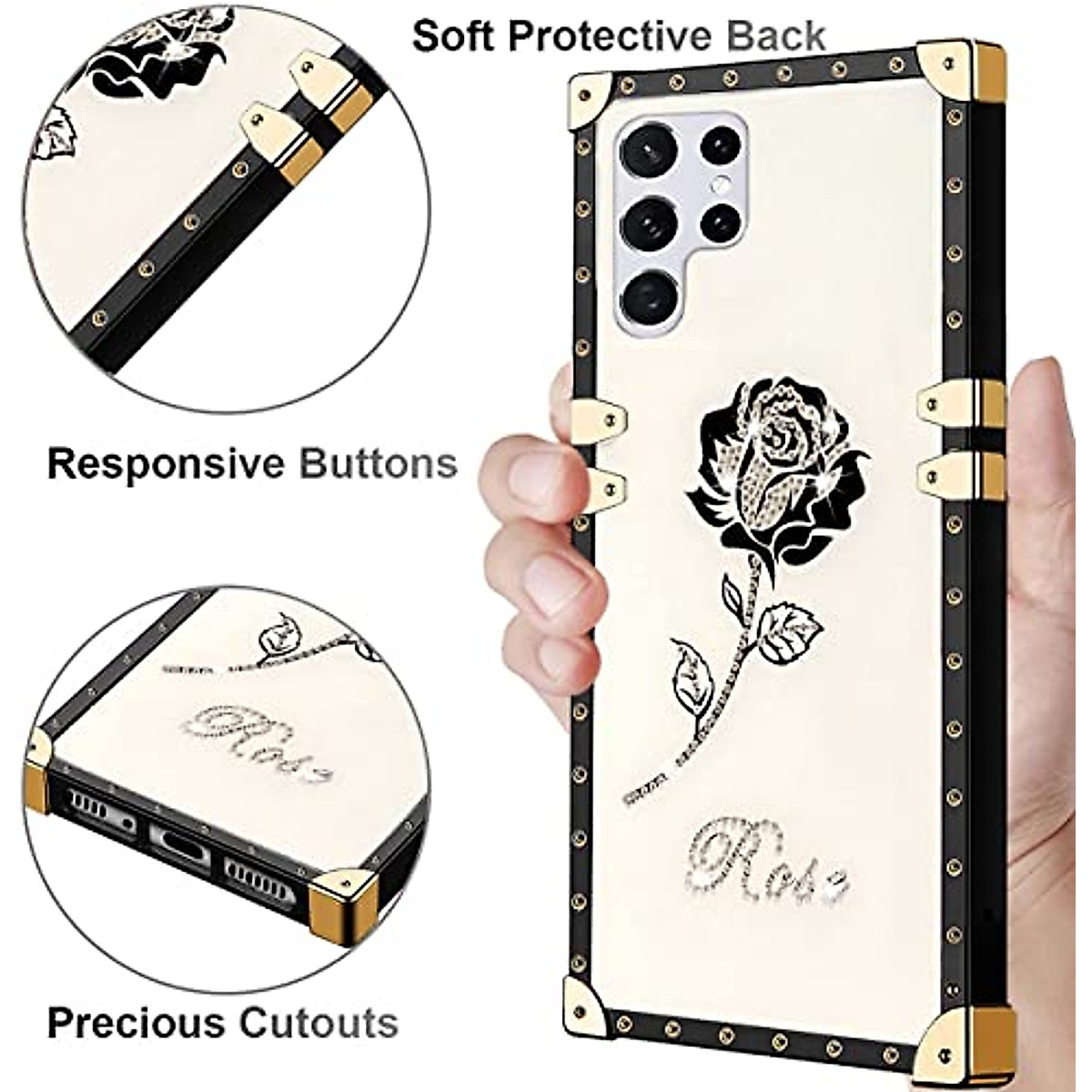 for Samsung S23 Ultra 5G Phone Case,Babemall Luxury Bling Diamond Rose Stylish Protective TPU Cover with Reflective Neck Strap （White）