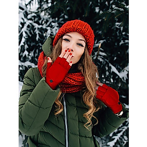 SATINIOR 6 Pairs Women Convertible Gloves Winter Flip Fingerless Mittens Thick Knitted Half Finger Gloves with Cover(Black, White, Gray, Rose Red, Red, Royal Blue)