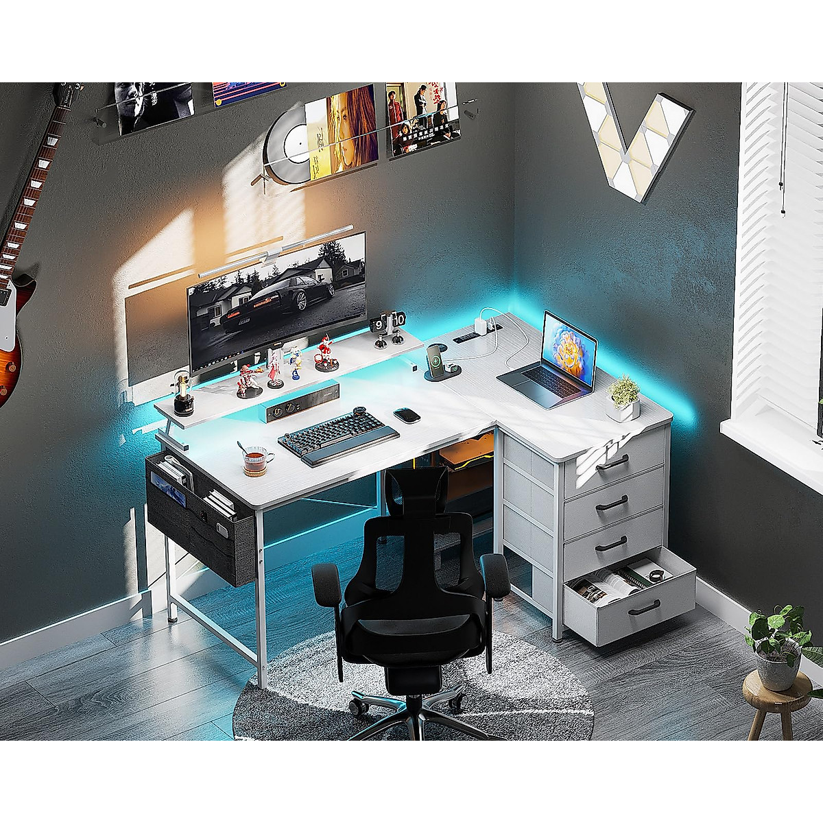 ODK 48-Inch L Shaped Gaming Desk with LED Lights & USB Power Outlets, Reversible Computer Desk with 4 Drawers, Corner Gamer Desk with CPU Shelf & Monitor Stand, Gaming Table for Bedroom, White