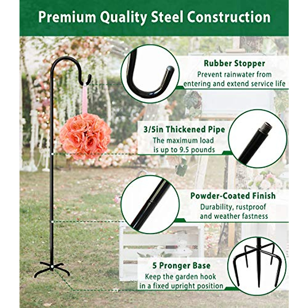Artibear Adjustable Outdoor Shepherd Hook Stand with 5 Prong Base, 108 Inches Tall 3/5 in Thick, Shiny Black (1 Packs)