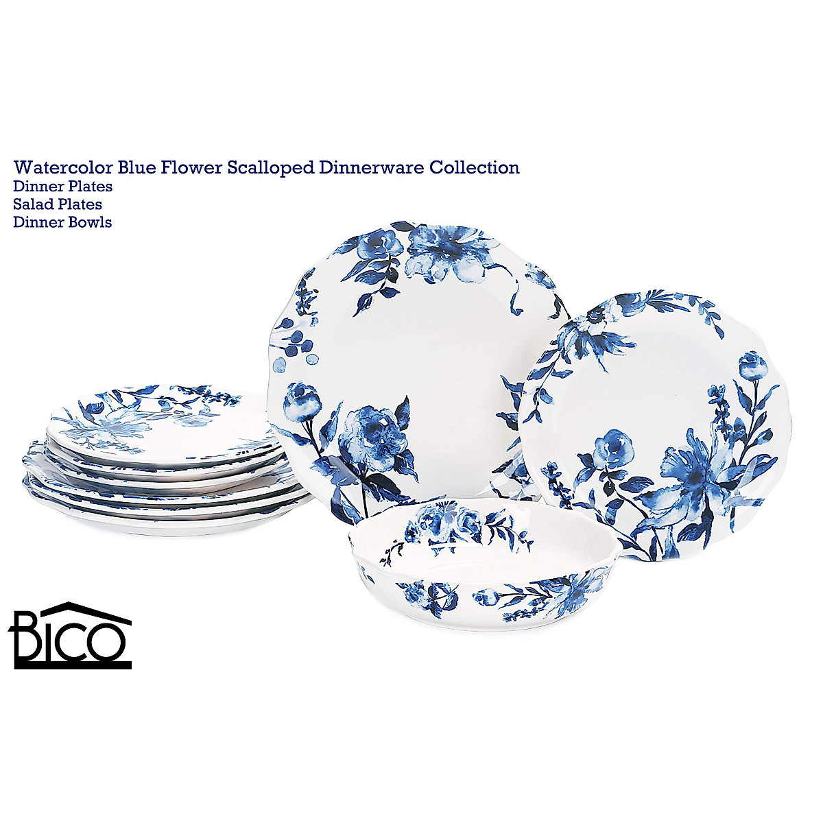 Bico Watercolor Blue Flower Scalloped Dinner Plates, Ceramic, 11 inch, Set of 4, for Pasta, Salad, Maincourse, Microwave & Dishwasher Safe
