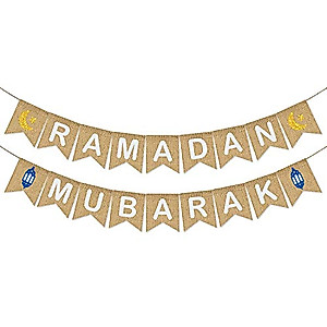 Ramadan Mubarak Banner Burlap - Ramadan Mubarak Decorations - Rustic Ramadan Mubarak Bunting Banner for Mantle Fireplace - Ramadan Party Decor Supplies