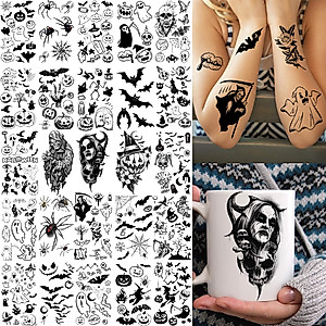 Shegazzi 52 Sheets Halloween Temporary Tattoos For Kids Boys Girls Women Men, 3D Scary Skull Skeleton Fake Tattoos Sticker For Adults, Small Ghost Vampire Bat Pumpkin Spider Temp Transfer Tatoos Devil