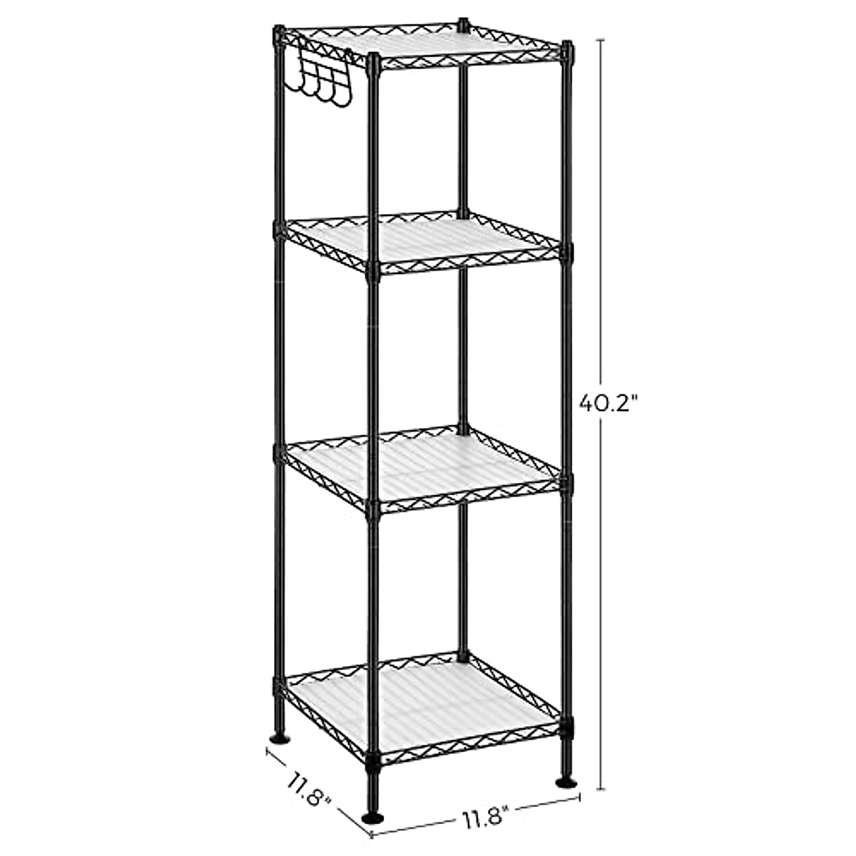 SONGMICS Bathroom Shelf, Storage Rack for Small Space, Total Load Capacity 176.4 lb, 11.8 x 11.8 x 40.2 Inches, with 4 PP Sheets, Removable Hooks, Extendable Design, Black and Translucent ULGR104B01