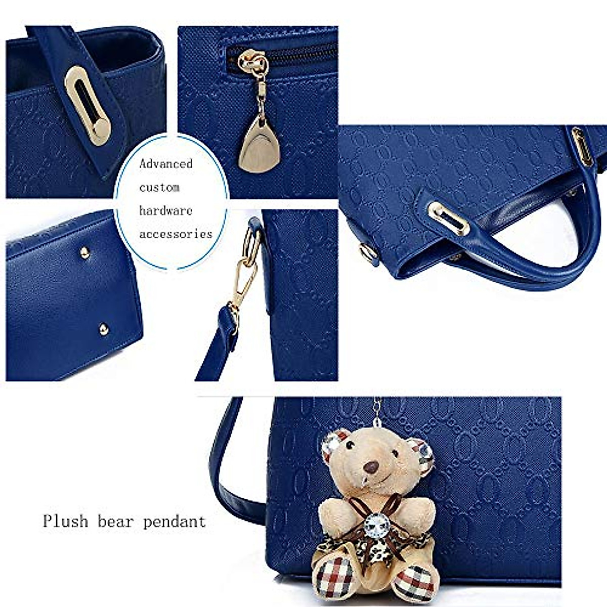 YAQUNICER Women PU Leather 4Pcs Set Handbag Tote Shoulder Bags Top-handle Satchel Purses Cltuch Wallet-Blue