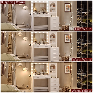 Irontar Vanity Desk with Charging Station, 46.7''L Makeup Vanity Table with Open Shelves & 5 Hooks, Dressing Desk with Drawers, Makeup Table with Side Drawer Cabinet, White WDT013W