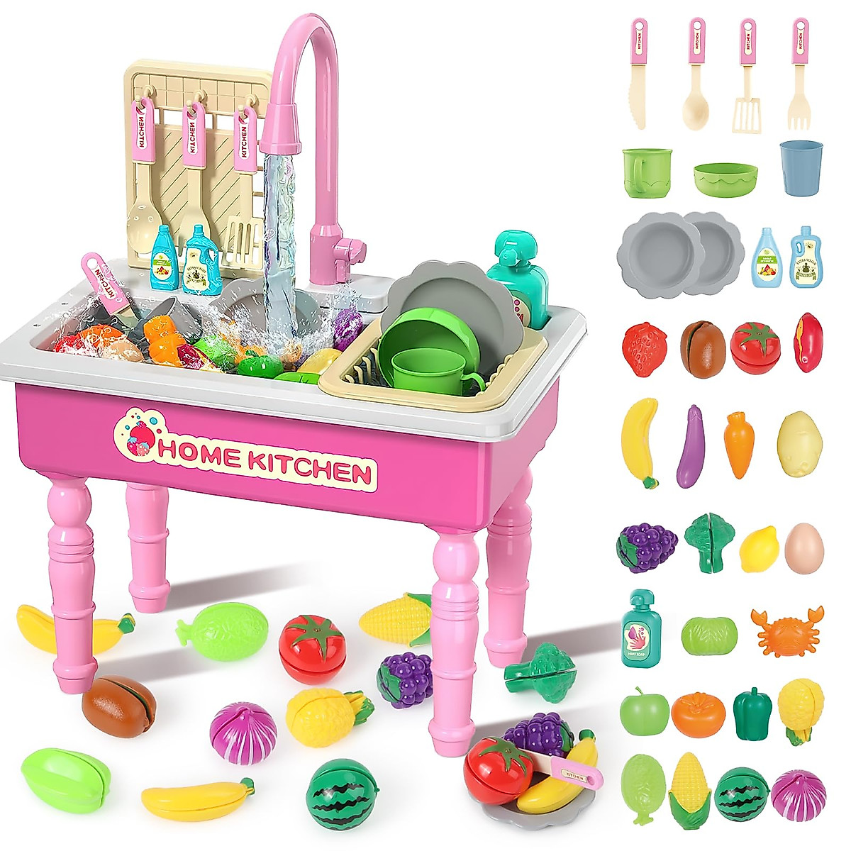 deAO Kitchen Toy Sink Toys with Cutting Food,Electric Dishwasher Playing Toy with Running Water, Role Playing Game Pretend Food,44 PCS Kitchen Accessories Set for 3 4 5 Years Old Girls Boys