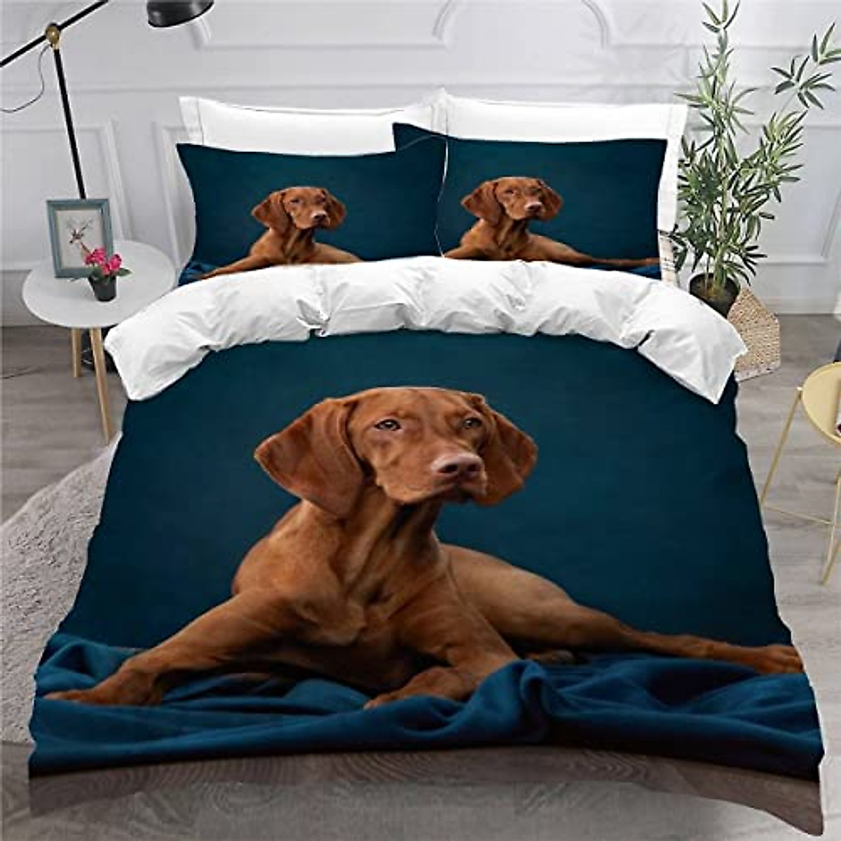 Quilt Cover Queen Size Hungarian Hound 3D Bedding Sets Dog, Animal Duvet Cover Breathable Hypoallergenic Stain Wrinkle Resistant Microfiber with Zipper Closure,beding Set with 2 Pillowcase