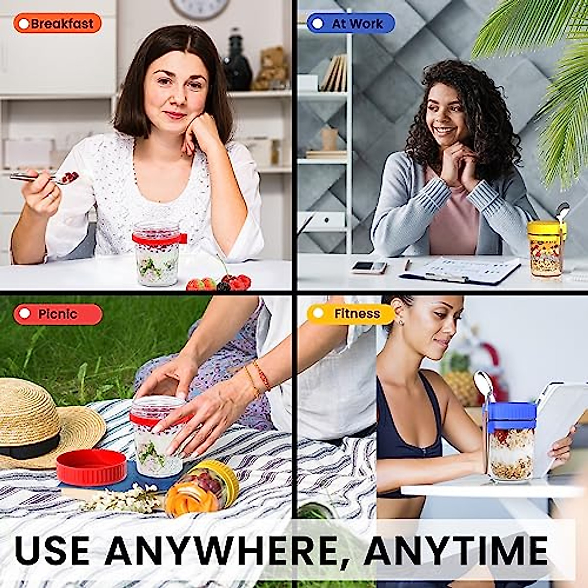 MADEHOME Set of 4 Premium Overnight Oats Containers with Lids, Mason Jars 16 oz with lids, Glass Meal Prep Containers, Large Mason Jars, Meal Prep Container Microwave Safe, Yogurt Containers with Lids