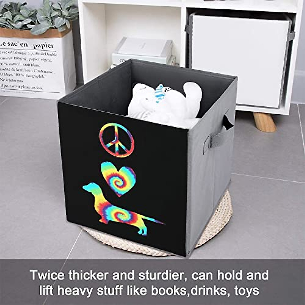 Peace Love Dachshunds Tie Dye PU Leather Collapsible Storage Bins Canvas Cube Organizer Basket with Handles