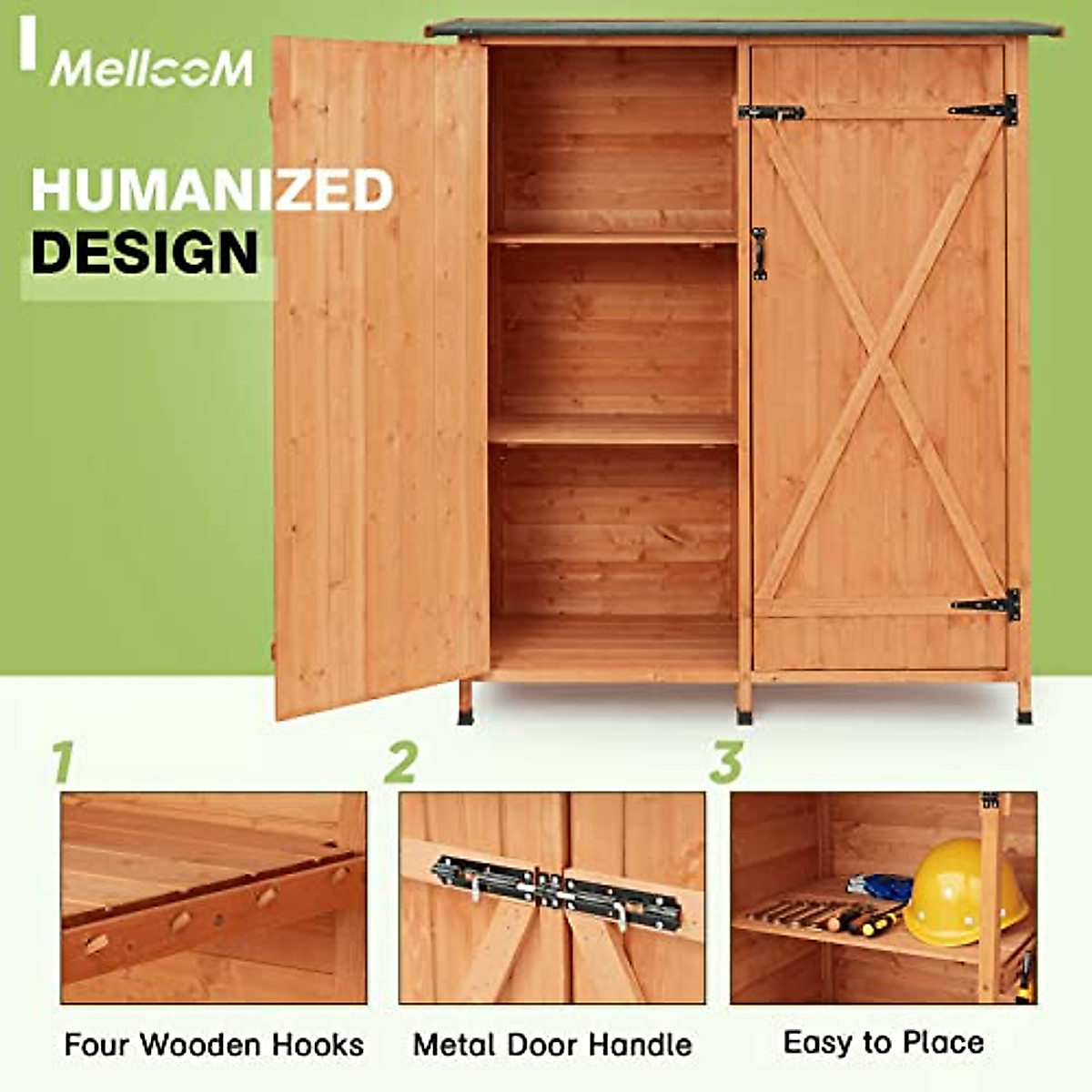 MELLCOM Outdoor Wood Storage Shed, 63“ Garden Shed with Double Lockable Doors, Weather Resistant Tool Shed Organizer for Patio, Garden, Backyard, Lawn