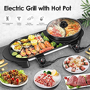 Electric Hot Pot Grill Removable Shabu-shabu Pot Korean BBQ Grill W/ Large Baking Tray Divider Hotpot, Smokeless Non-Stick Cooker Pan, Adjustable Temperature, 1-6 People, 110V