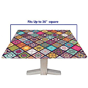 Boho Spring Fitted Tablecloth Square, Buffalo Plaid & Flower Elastic Edge Decor Table Clothes, Stain Wrinkle Resistant Polyester Table Cover for Indoor Outdoor Picnic Party Use, Fits 36x36 inch Table