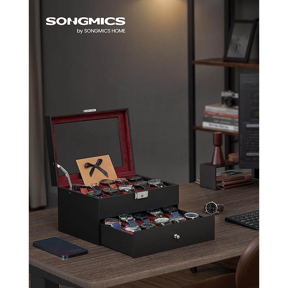 SONGMICS 20-Slot Watch Box, Watch Case with Glass Lid, 2 Layers, Lockable Watch Display Case, Black Synthetic Leather, Wine Red Lining UJWB020R01