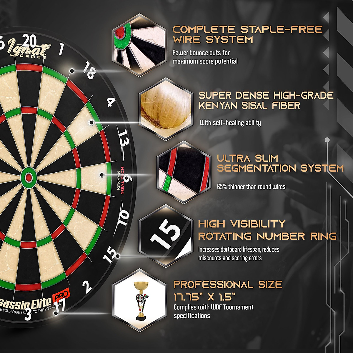 IgnatGames Dart Board Professional- Competition Size Kenyan Sisal Dart Board for Adults - Staple-Free Ultra-Thin Wire Spider Dartboard + Accessories & SnapFit Dartboard Mounting Bracket