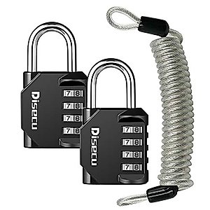Disecu 4 Digit Combination Lock Outdoor Waterproof Padlock with Steel Cable for Gym Locker, Helmet, Gate, Fence, Luggage (Black, Pack of 2 padlocks)