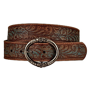 Distress Embossed Brown and Teal Leather Belt with Rhinestone Ring Buckle (M)
