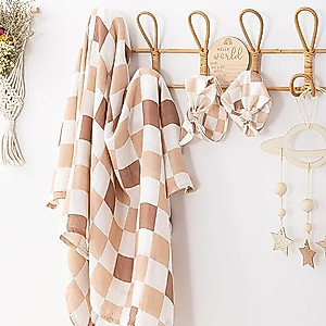 BabyWhale Muslin Swaddle Blanket with Hat and Headband Bow, Checkered Pattern Swaddle Set for Baby Boys ＆ Girls, Unisex Newborn Soft Receiving Swaddle Wrap, 47x47 inches