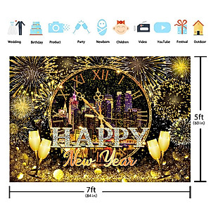 BAIFNEZ 2024 New Year Countdown Backdrop Sparkling Gold Fireworks Champagne Glasses City Night Photography Background New Year's Eve Family Gathering Business Party Decoration Supplies (7x5FT, Gold)