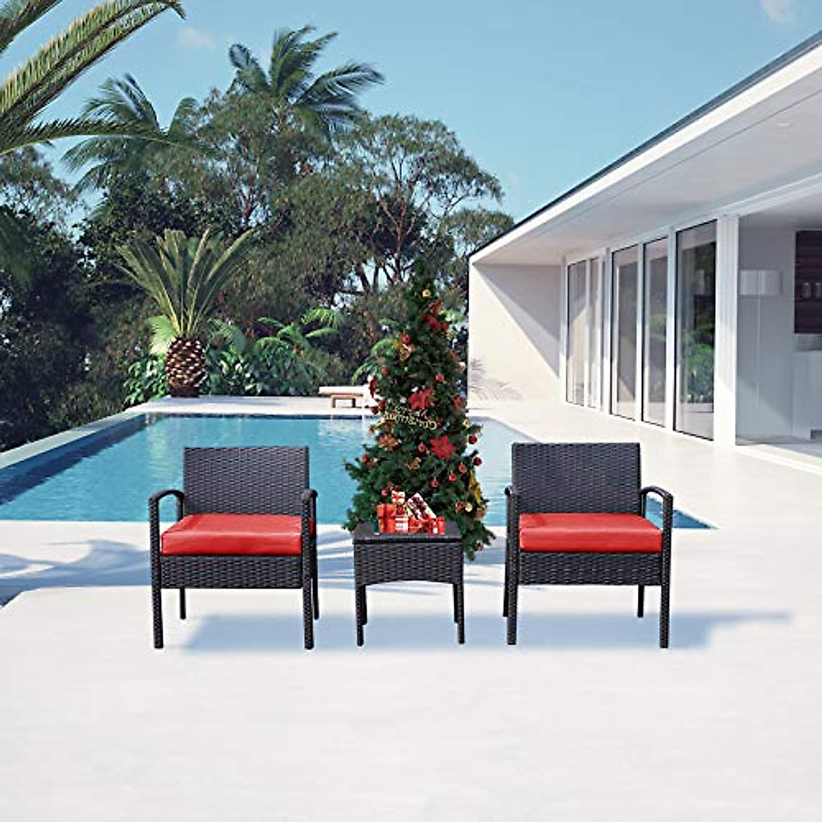 PROHIKER 3 PCS Patio Rattan Conversation Chair Set, 3 PCS Patio Wicker Rattan Furniture Set, Patio Wicker Rattan Table