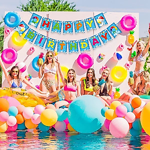 Joy Bang Pool Party Banner, Pool Party Decorations, Happy Birthday Banner for Summer Swimming Hawaiian Beach Tropical Theme Decor for Kids Adults, Birthday Party Favors Supplies