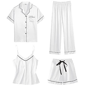 SWOMOG Satin Pajama Set Women Silk Pjs Set Short Sleeve 4 Piece Button Down Sleepwear Lounge Sets White