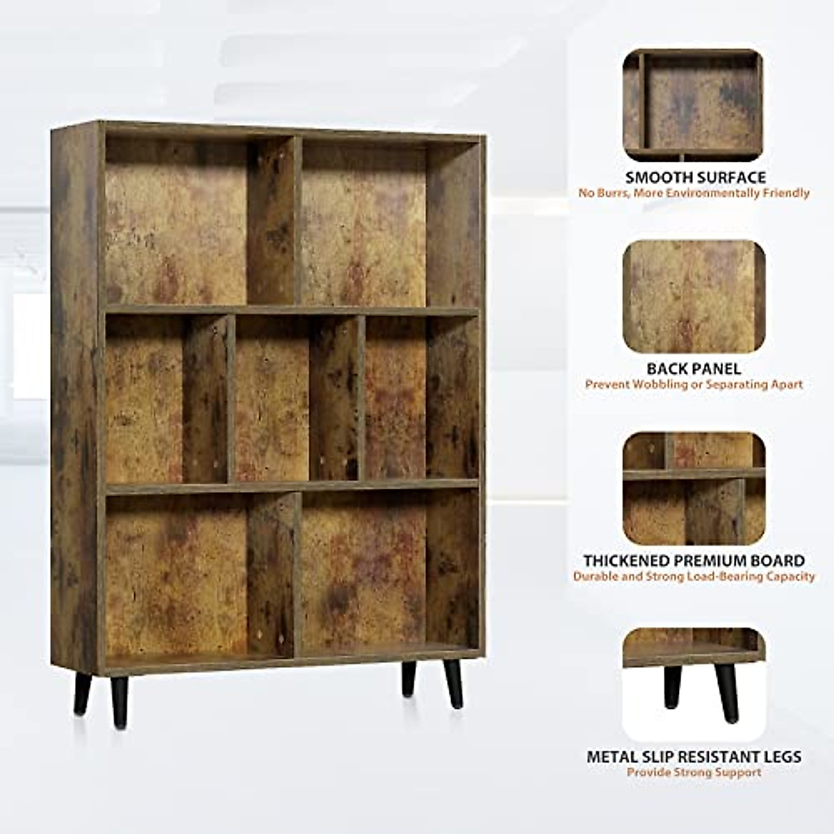 LAR-ME 3-Tier Bookshelf, Mid Century Bookshelf 7 Cube Storage Organizer Bookcase with Legs for Bedroom, Living Room, Office (Retro Brown)