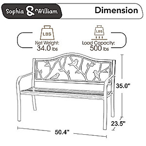 Sophia & William Outdoor Patio Metal Park Bench Red, Steel Frame Bench with Backrest and Armrests for Porch, Patio, Garden, Lawn, Balcony, Backyard and Indoor, 50.4”Wx23.5”D x35.0”H