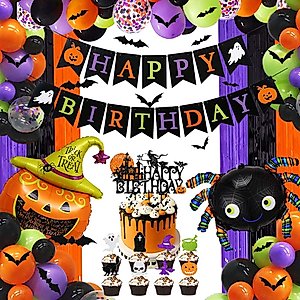 Halloween Birthday Party Decorations Include happy birthday halloween banner halloween balloons Halloween Birthday Cake Topper halloween fringe curtain for Halloween Birthday Party Supplies