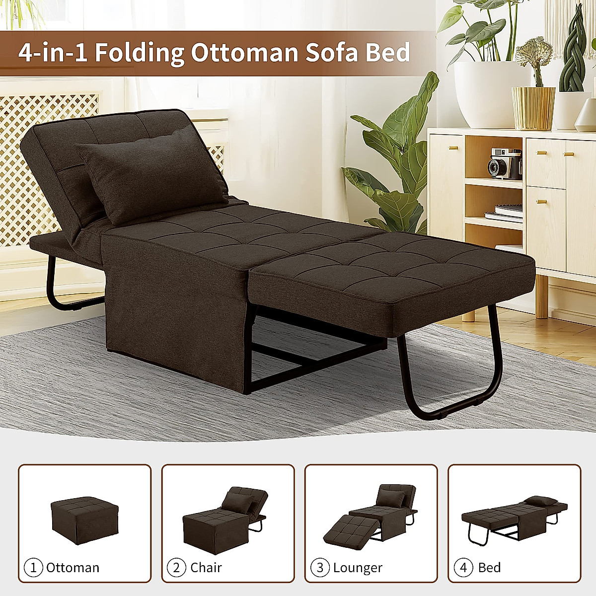 Diophros Sofa Bed, Convertible Couch Chair 4 in 1 Multi-Function Modern Folding Ottoman Guest Sleeper Bed with Adjustable Backrest for Small Room Apartment, Medium