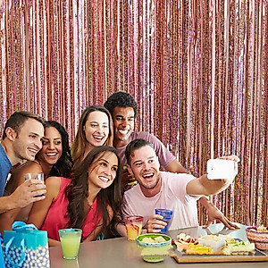 Vanujoy 2 Pack Iridescent Rose Gold Tinsel Foil Fringe Backdrop Curtains - Wall Door Party Decorations for Birthday Bachelorette Engagement Bridal Shower