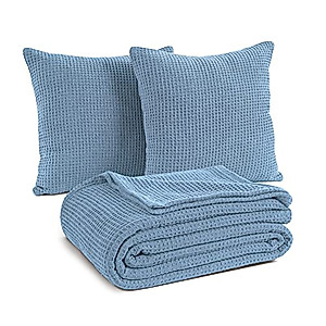 HILLFAIR 100% Cotton Blanket with 2 Throw Pillow Cover 18x18 Inch - 102x108 Inch California King Size Bed Blankets- Soft Breathable Blankets– Extra Large Oversized Cotton Blankets- Blue Bed Blankets