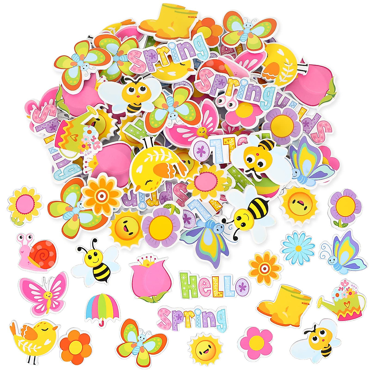 Whaline 360Pcs Spring Foam Stickers Cartoon Flower Butterfly Bee Foam Decals 20 Designs Hello Spring Self Adhesive Decorative Stickers for Spring Greeting Cards DIY Scrapbooking Home Wall Decor