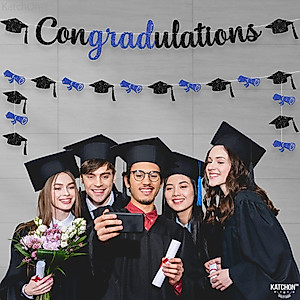 KatchOn, Glitter Congratulations Banner - 10 Feet | Pre- Strung Congrats Grad Banner | Black and Blue Graduation Decorations Class of 2024 | Graduation Cap Garland for Congratulations Decorations