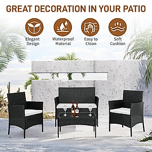 Outvita 4 Pieces Patio Furniture Set, Rattan Conversation Sets with Loveseat Soft Cushion and Glass Table for Garden Backyard Balcony Porch Poolside(Black)