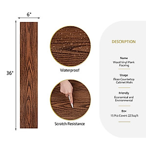 YENHOME 15 Tiles Walnut Wood Vinyl Flooring Peel and Stick Floor Tile Sticker Wood Wall Panels for Walls Peel and Stick Flooring Tiles for Bathroom Kitchen Waterproof Laminate Flooring 36" X 6"