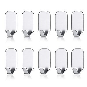 MXtechnic Self Adhesive Hook Stick on Wall 304 Stainless Steel Polished Hanging Clothes Coat Hat Hooks and Strong Heavy Duty Metal Super Power Hooks Storage Organizer (10 Pack) (Hooks-10)