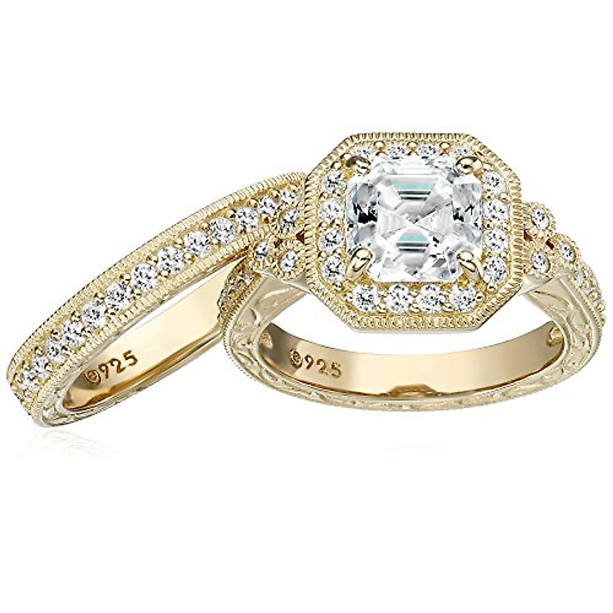 Amazon Essentials Yellow-Gold-Plated Sterling Silver Antique Ring set with Asscher-Cut Infinite Elements Cubic Zirconia, Size 9, (previously Amazon Collection)